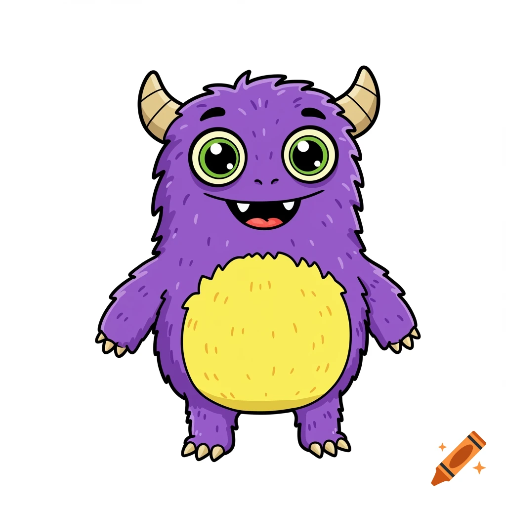 A cartoon illustration of a friendly purple furry monster with horns and a yellow belly. on Craiyon