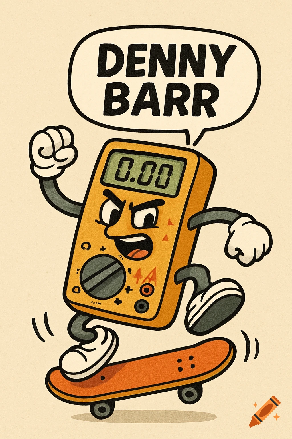 Cartoon multimeter character skateboarding and saying "DENNY BARR". on ...