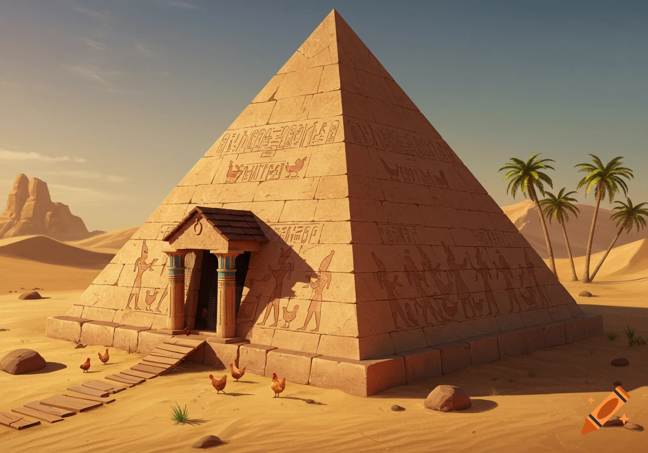 Illustrative pyramid chicken coop in a desert with palm trees and ...