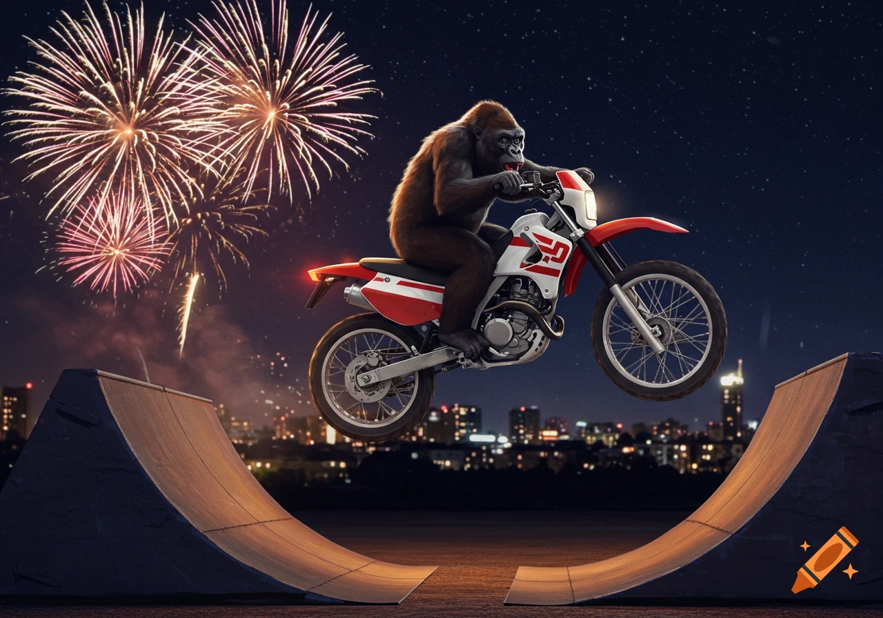 A photorealistic image of a gorilla riding a motorcycle and jumping a ...