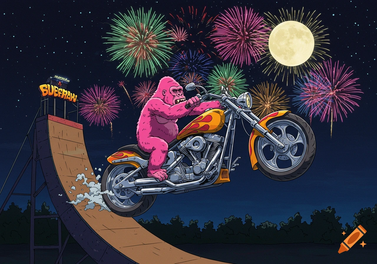 Cartoon illustration of a pink gorilla riding a motorcycle off a ramp ...