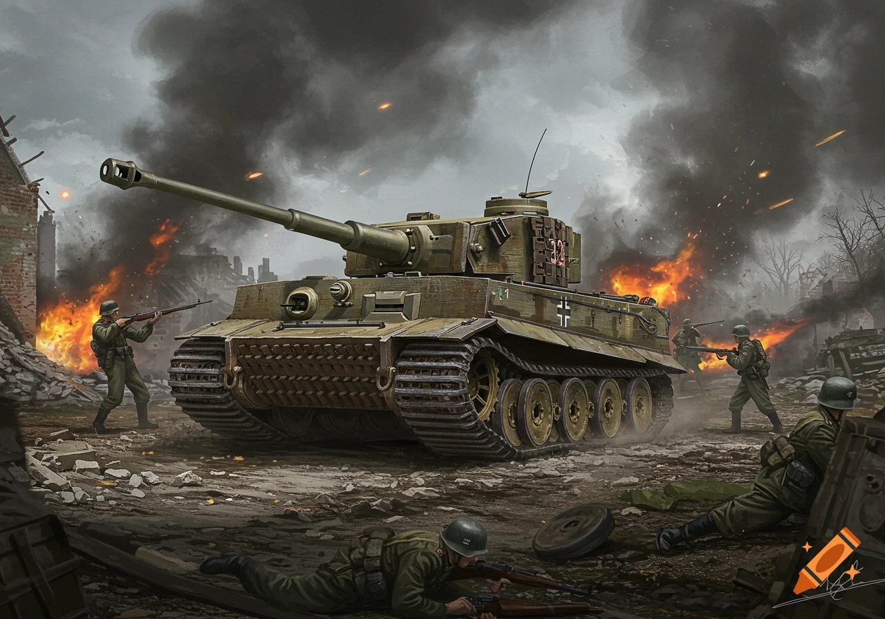 A German Tiger tank advances through a destroyed city battleground with ...