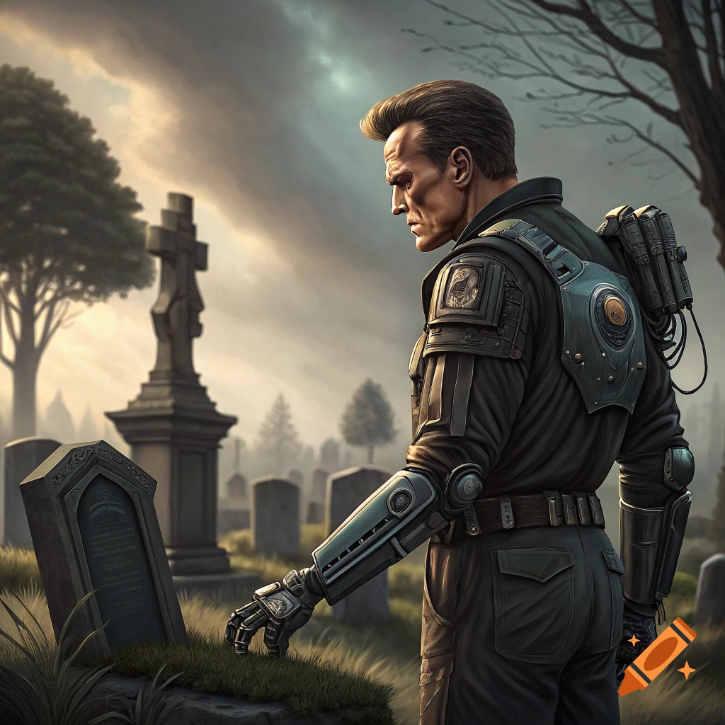 A man with a cybernetic arm stands in a graveyard looking at a ...
