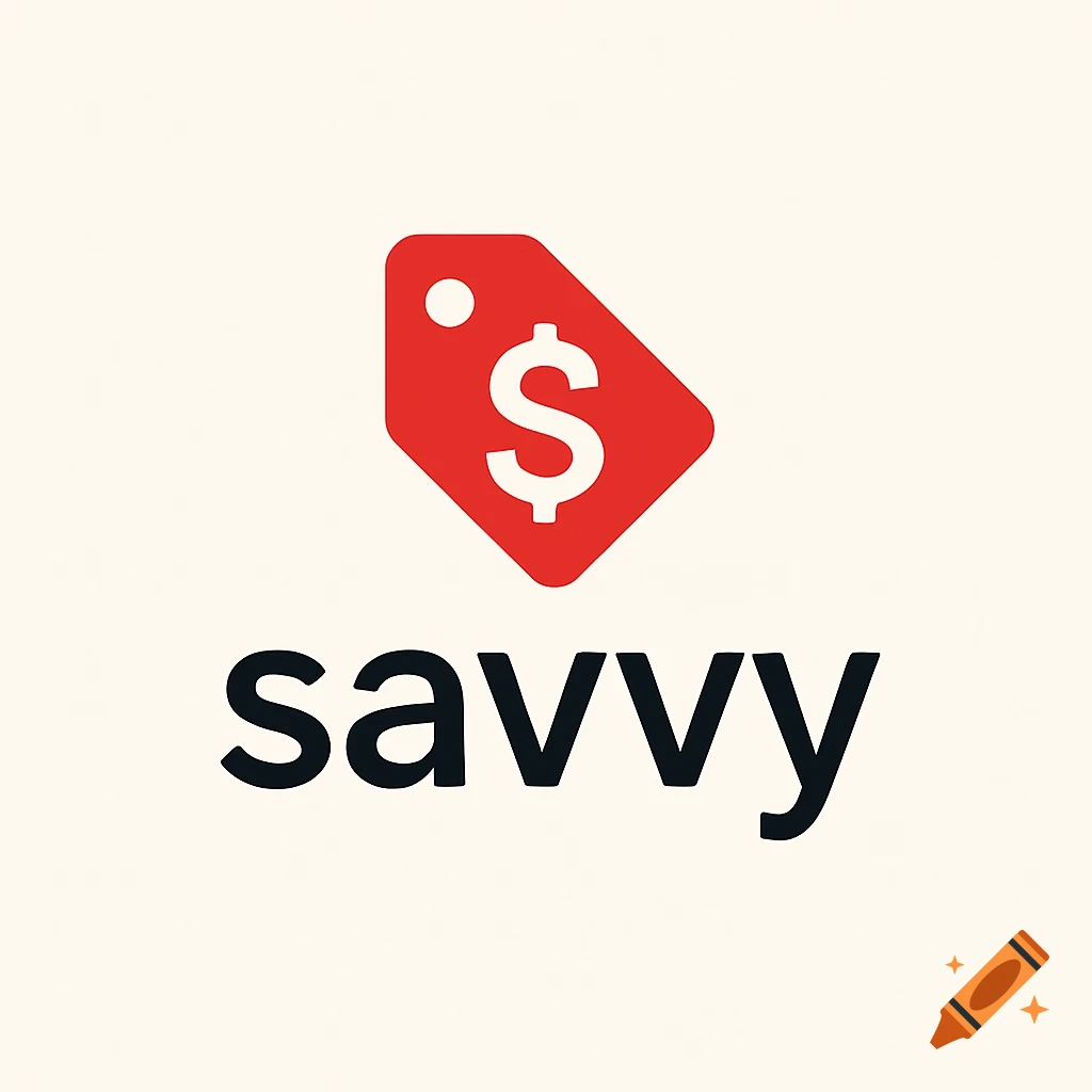 Minimal logo with a red price tag icon and the word savvy on Craiyon