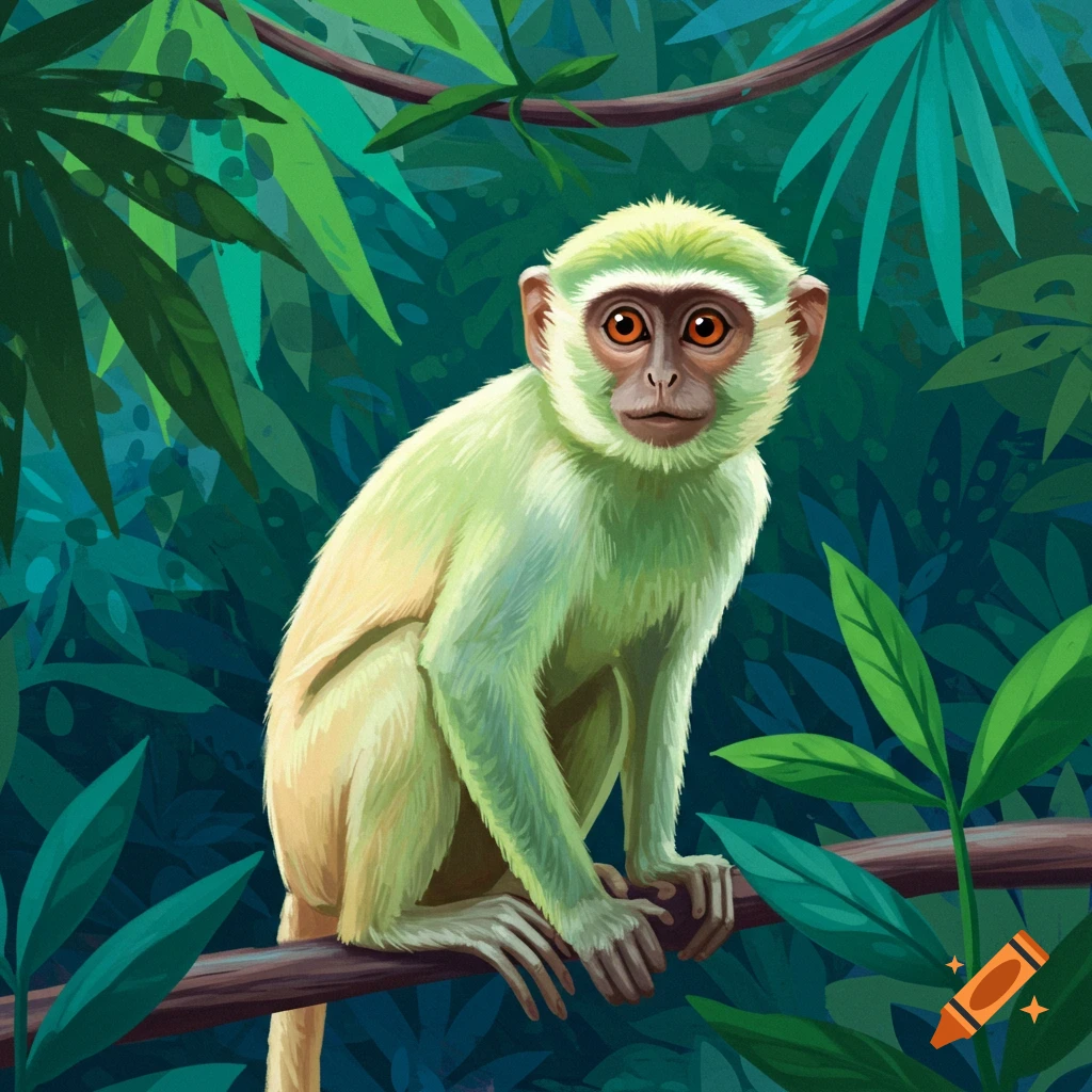 A light green monkey sits on a branch in a vibrant green forest ...