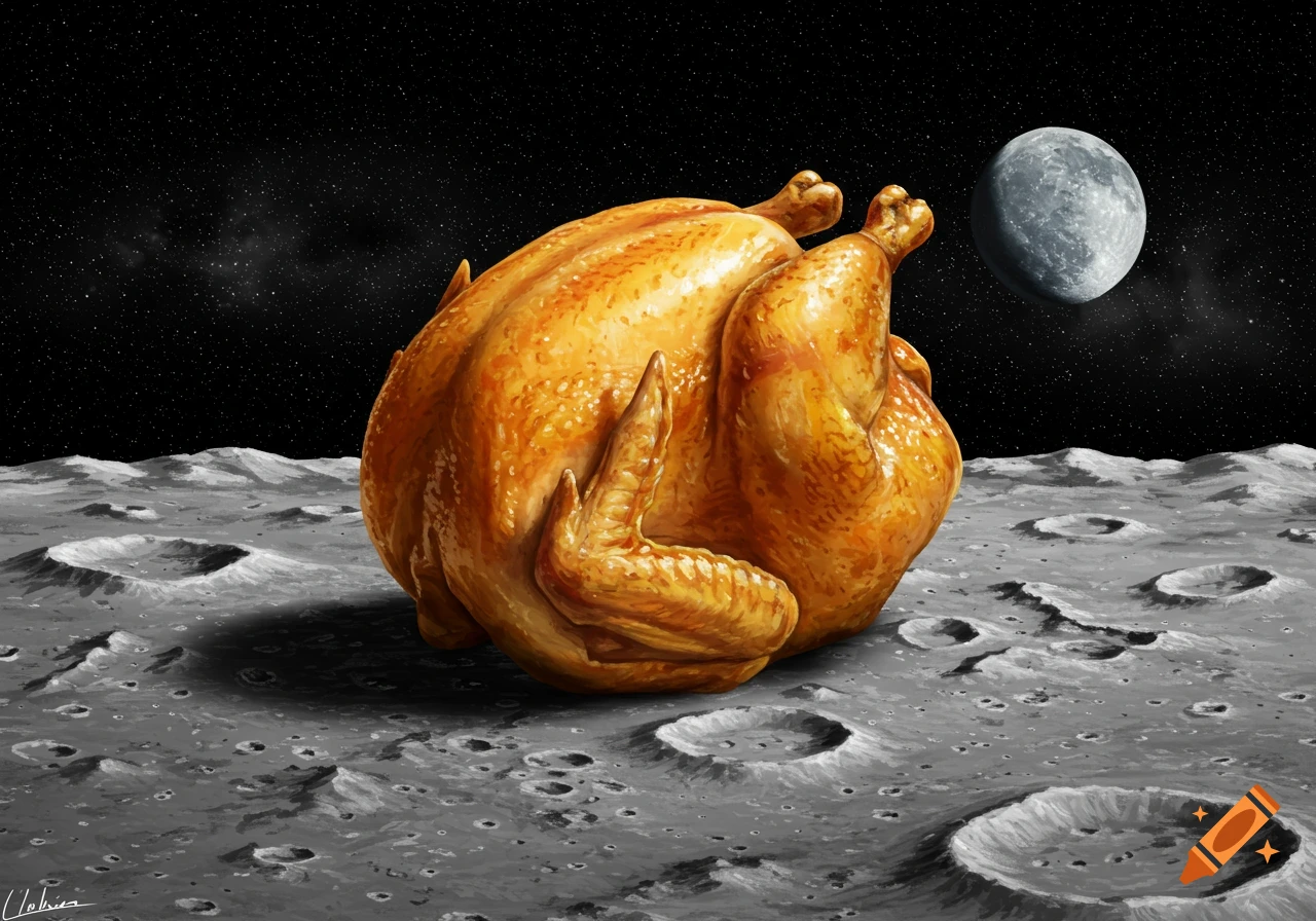 A roasted chicken sits on the cratered surface of the moon, with stars ...
