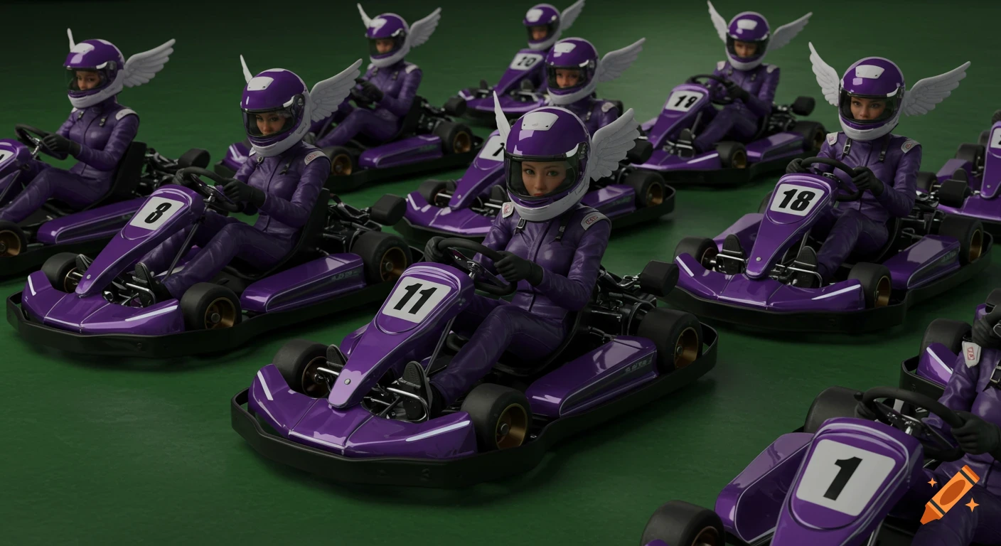 Digital painting of women in purple racing suits and helmets with wings ...