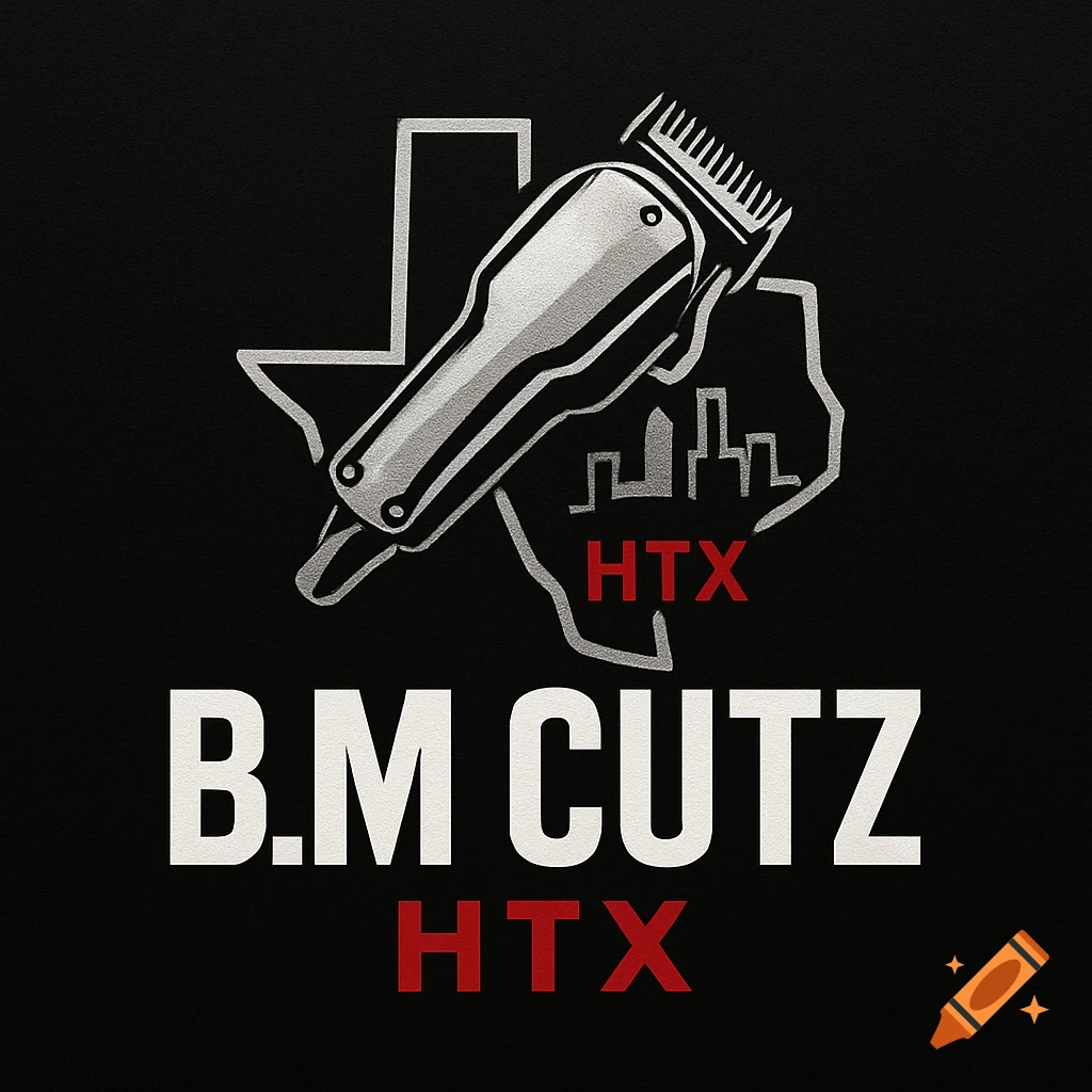 Logo with barber clipper over Texas outline and Houston skyline, text B.M Cutz HTX. on Craiyon