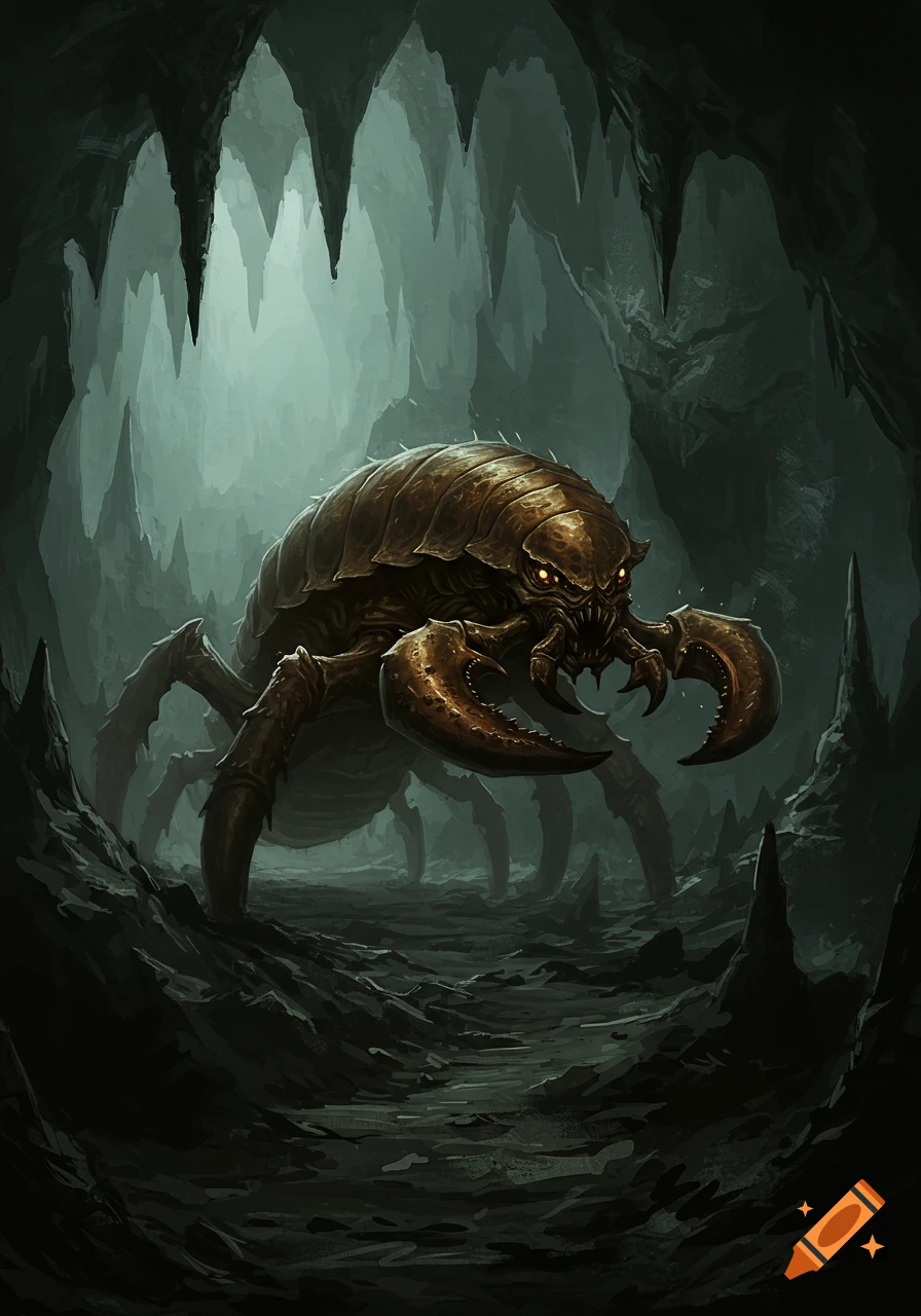 A large insectoid creature stands in a dark cave, fantasy art. on Craiyon