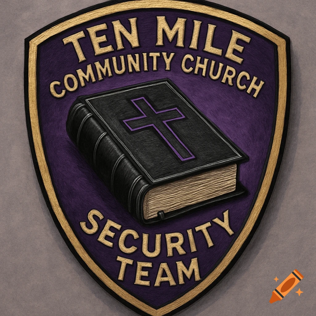 A purple and gold badge with a Bible and text 'TEN MILE COMMUNITY ...
