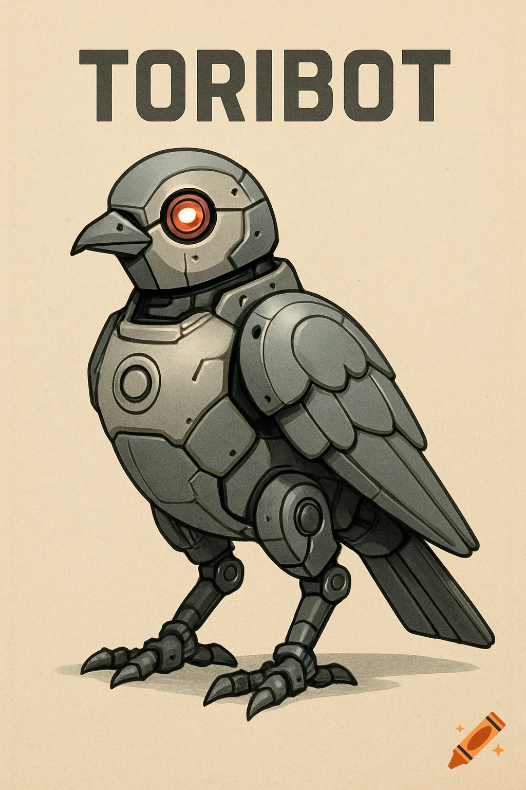 Illustration of a gray robot bird with red eyes and the word TORIBOT ...