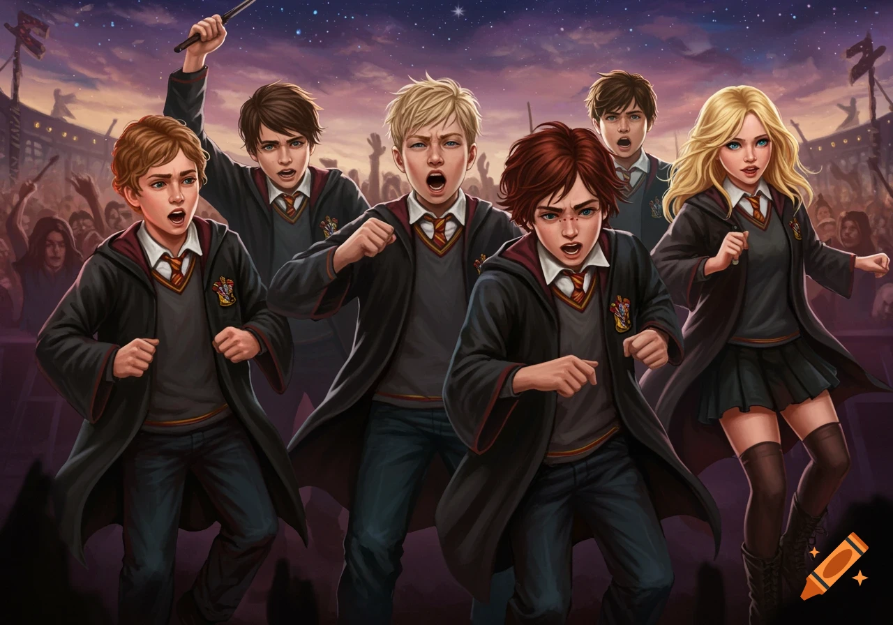 Students in wizard robes cheering in a large crowd on Craiyon