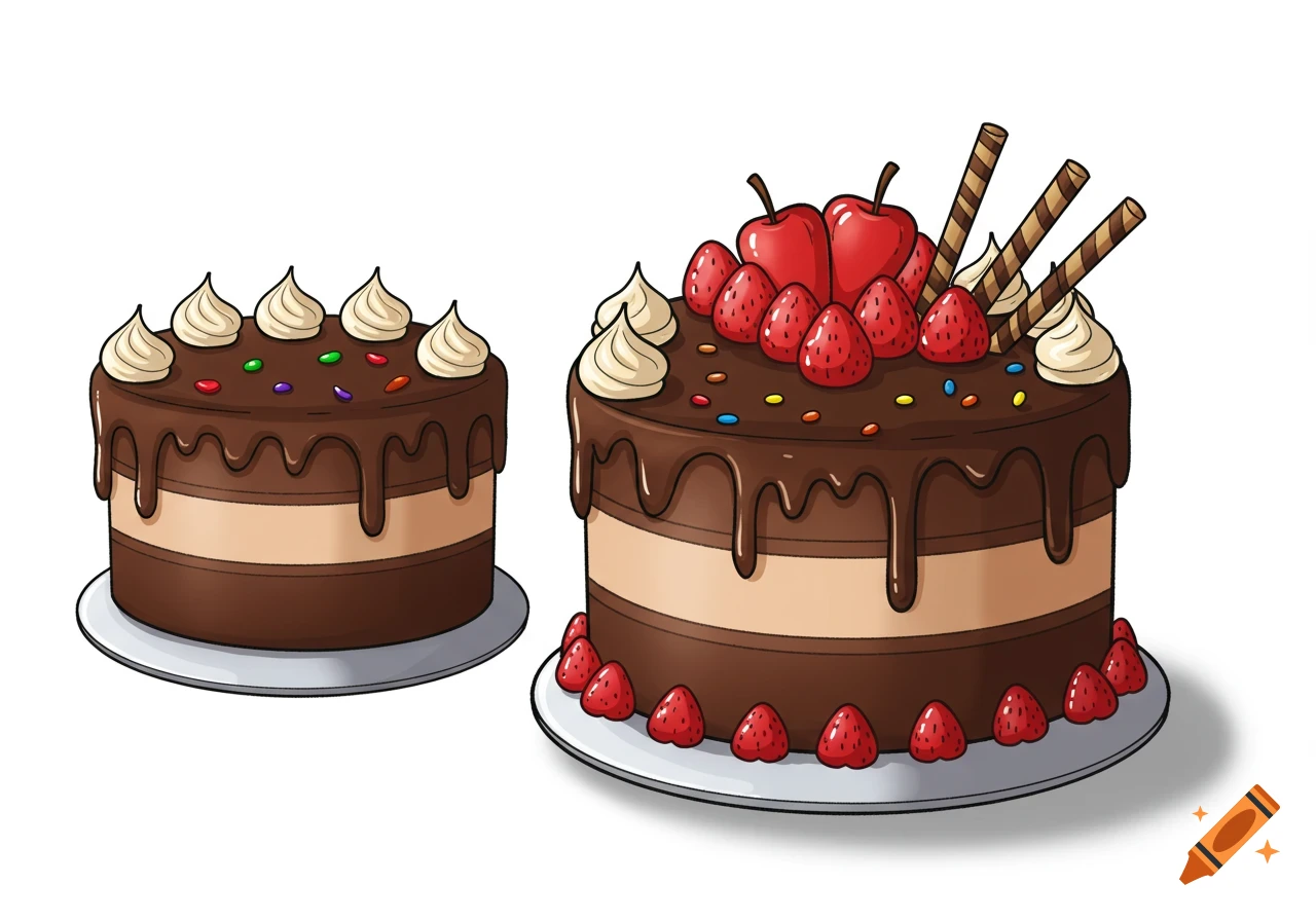 Two cartoon chocolate cakes with icing and decorations on plates ...