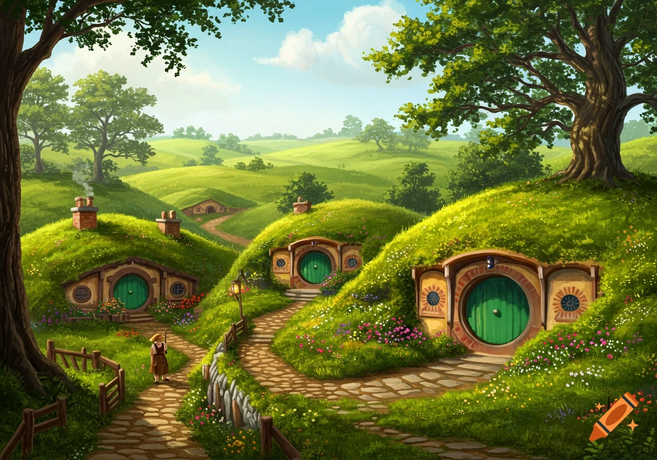 Fantasy landscape of rolling green hills with hobbit homes built into ...