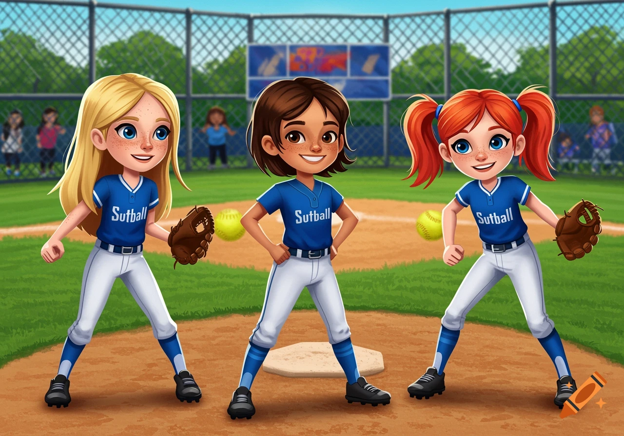 Three cartoon girls in blue softball uniforms and gloves stand on a ...