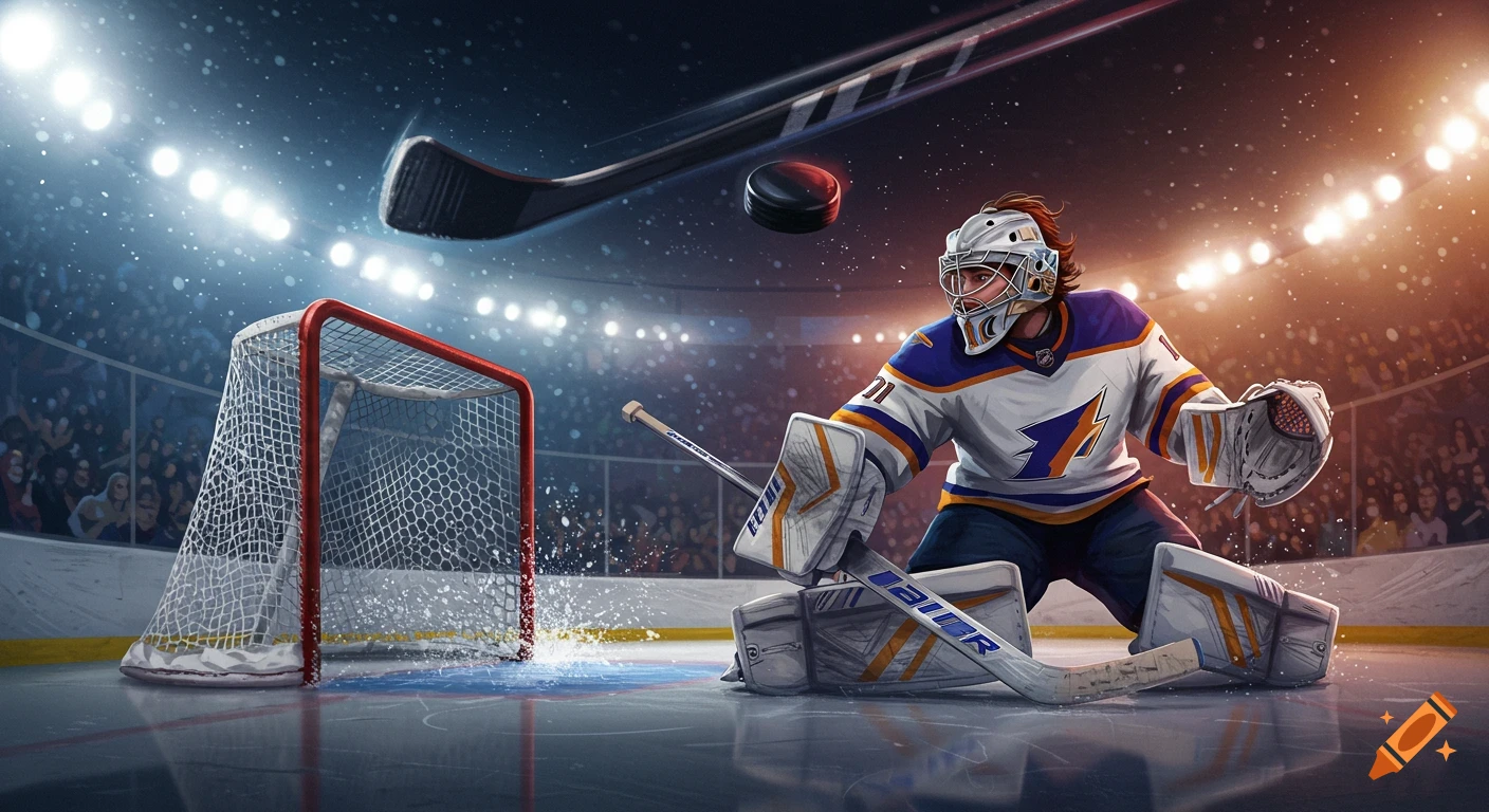 Dramatic illustration of a hockey goalie making a save on a puck flying ...