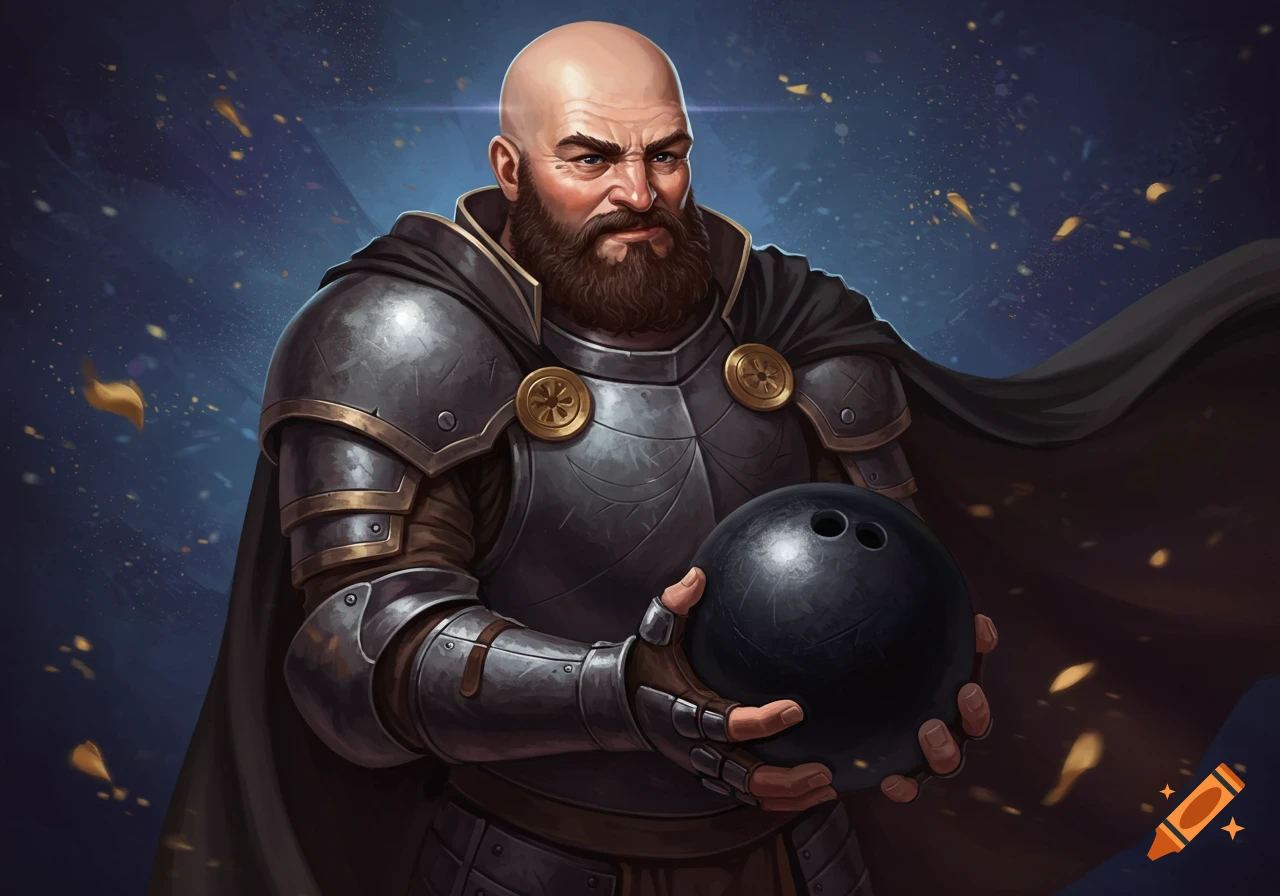 Bald bearded knight in armor holding a bowling ball, digital painting ...
