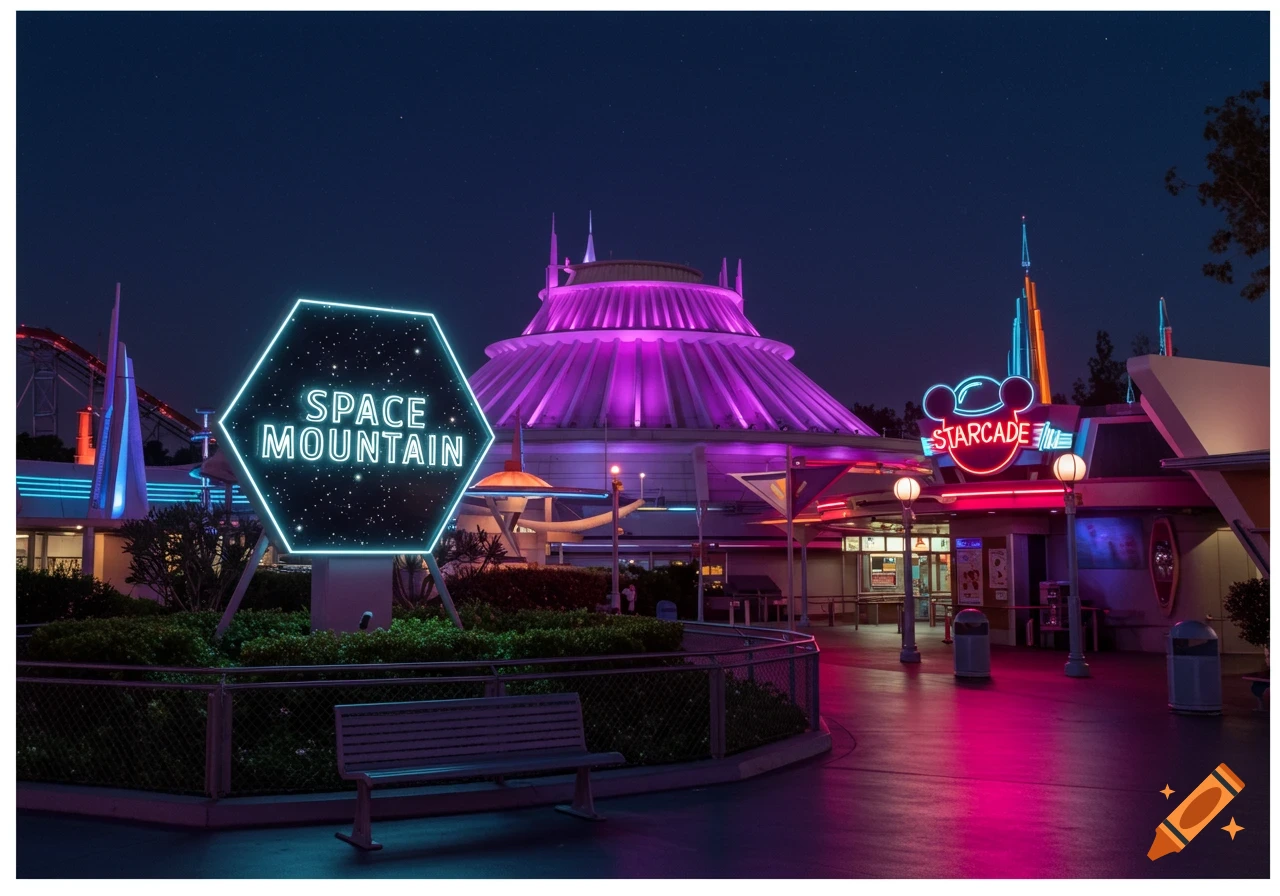 Space Mountain and Starcade at Disneyland's Tomorrowland at night with ...