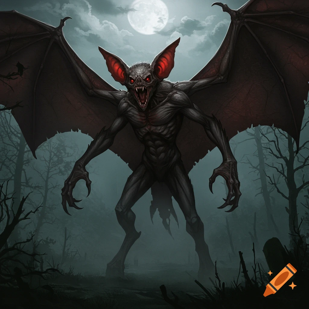 A terrifying bat-like monster stands in a misty forest under a full ...