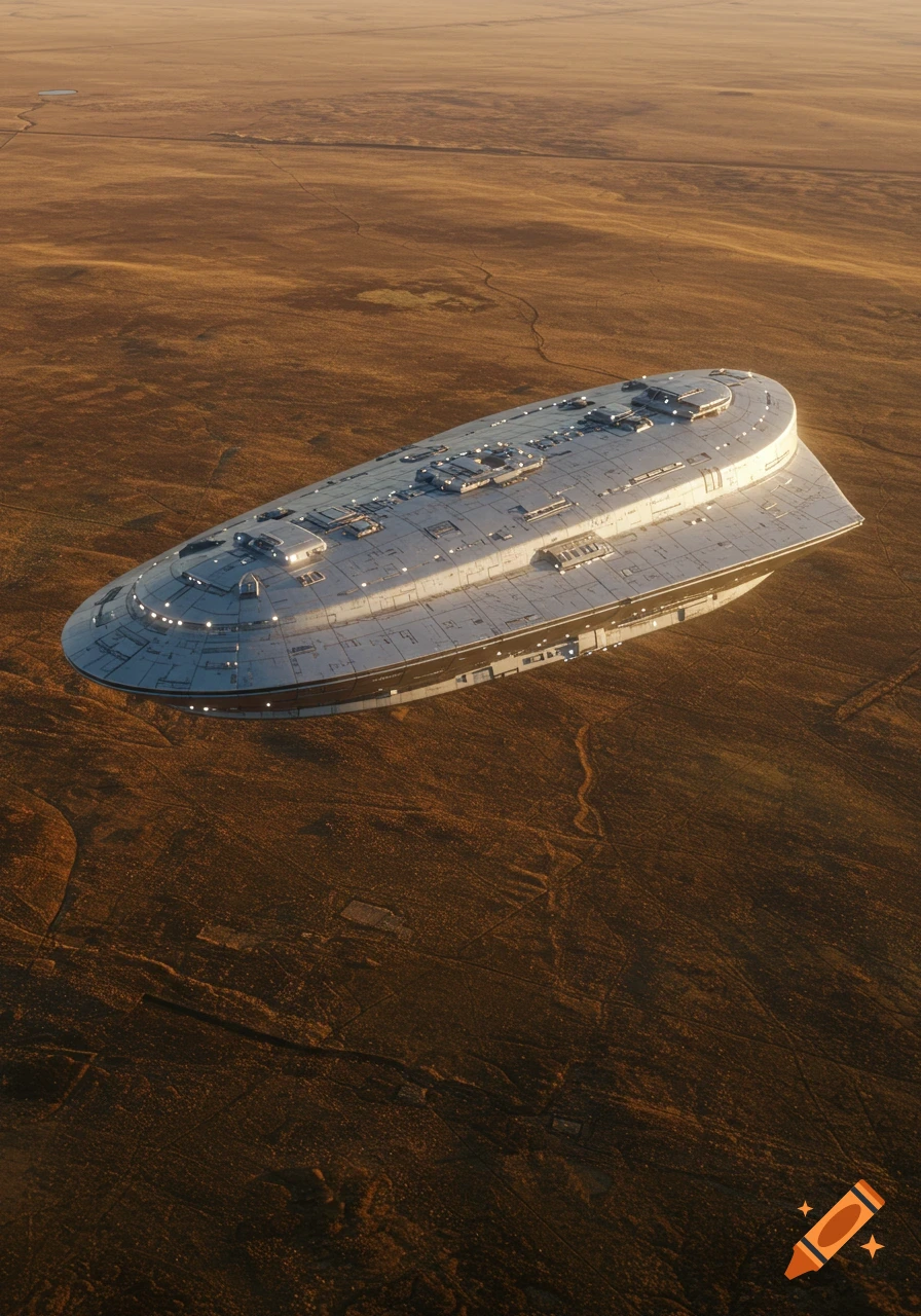 A large silver spaceship hovers over a brown arid landscape. on Craiyon
