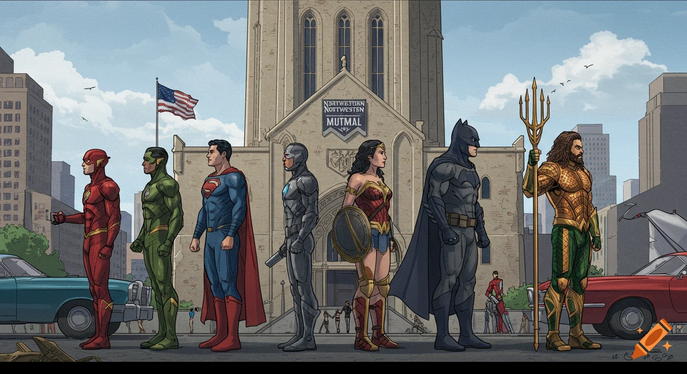 The Justice League stands side-by-side in a row before a large building ...