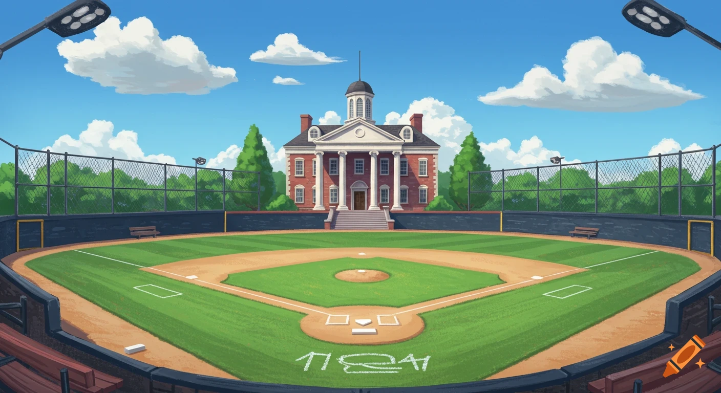 Cartoon illustration of a baseball field in front of a large classical ...