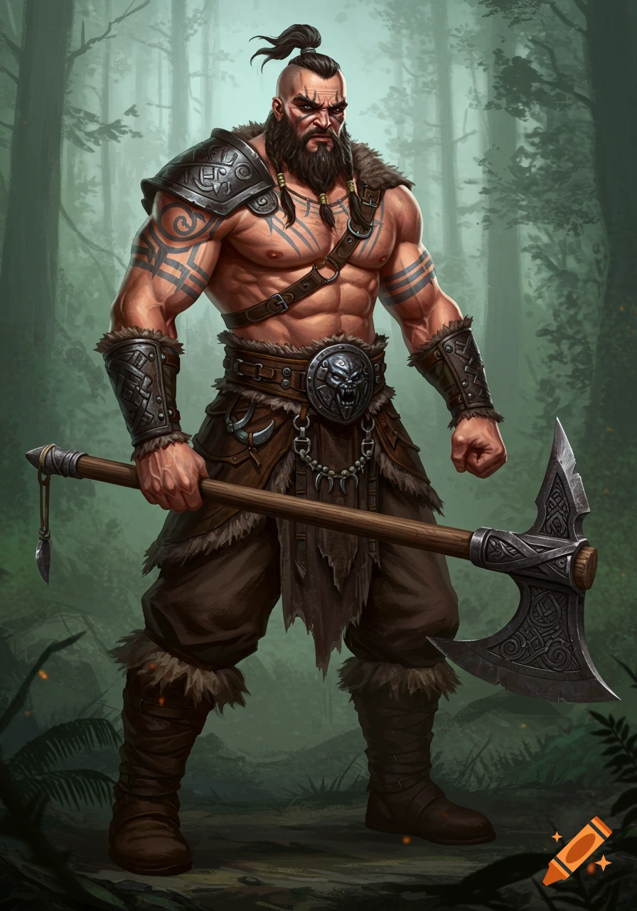 Muscular fantasy barbarian warrior with beard and tattoos holding a ...