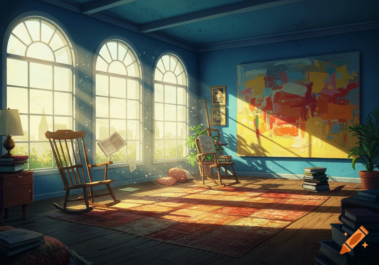 A bright interior room with arched windows, sunbeams, rocking chairs ...