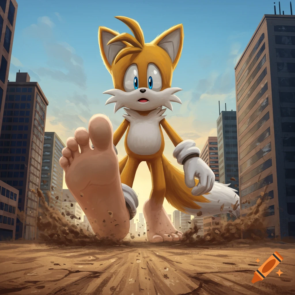 Giant Tails the Fox walks through a city, his bare feet crushing the ...