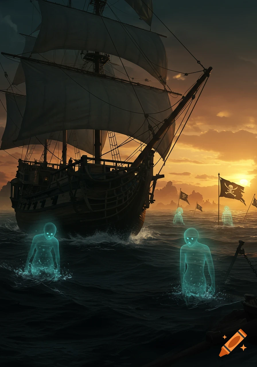 Digital painting of a pirate ship sailing at sunset with glowing blue ...