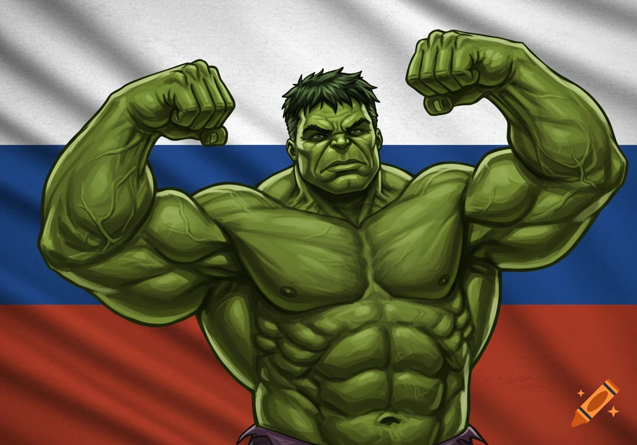 Illustration of the Hulk flexing his muscles in front of a Russian flag ...