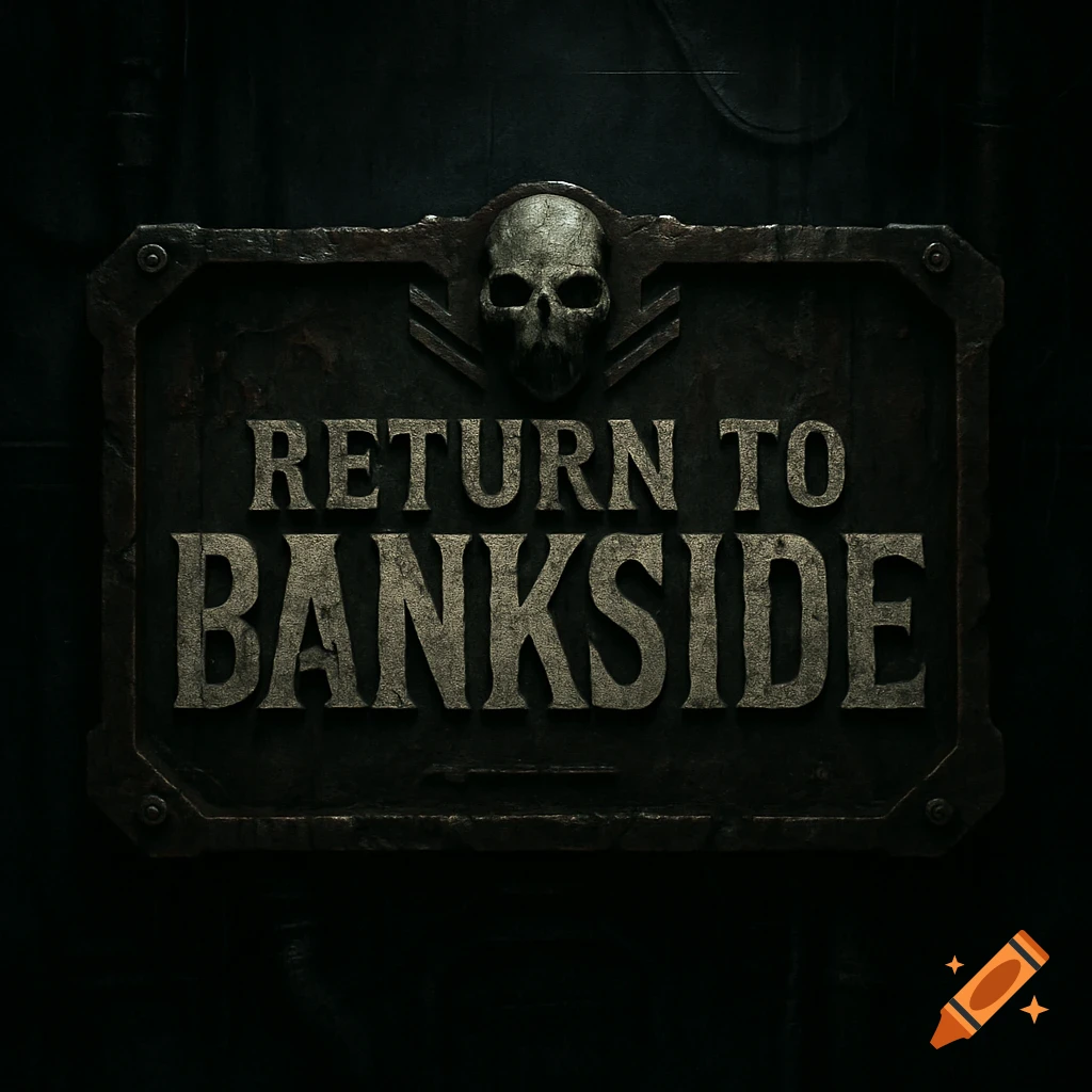 Grimdark sign with a skull and text 'Return to Bankside' on Craiyon