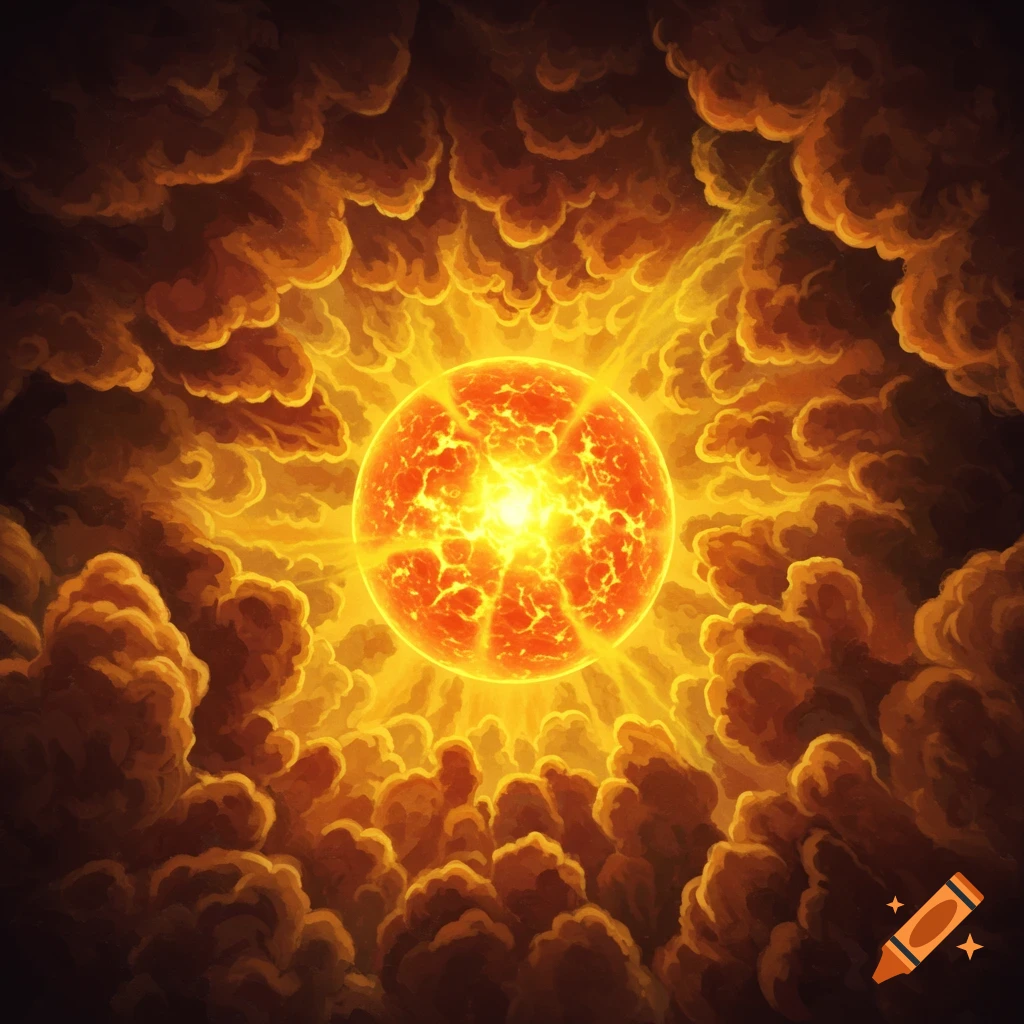 A bright glowing orange and yellow orb surrounded by dark, fiery clouds. on Craiyon