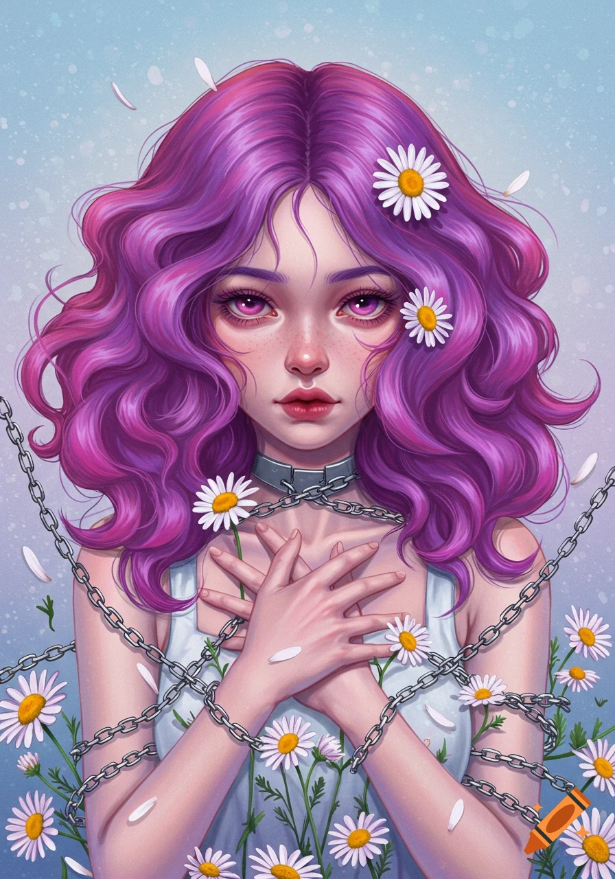 Digital painting of a girl with purple hair and chains, surrounded by ...