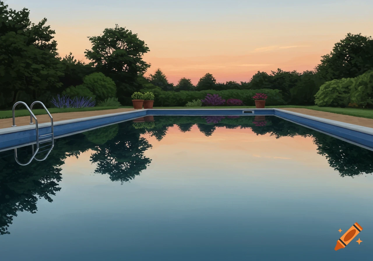 Digital painting of a swimming pool reflecting trees and a colorful ...