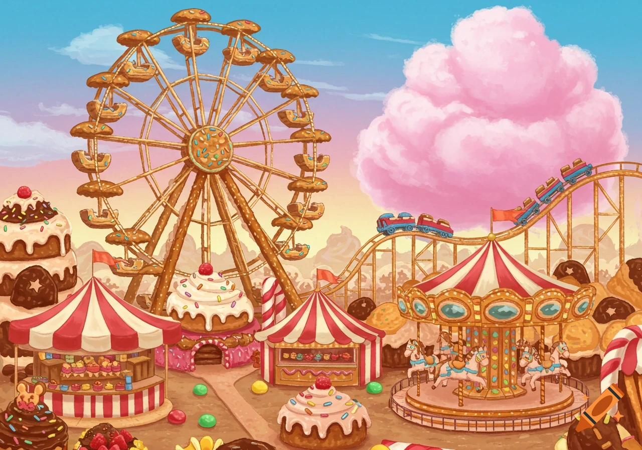 An illustrated amusement park with rides and attractions made of food ...