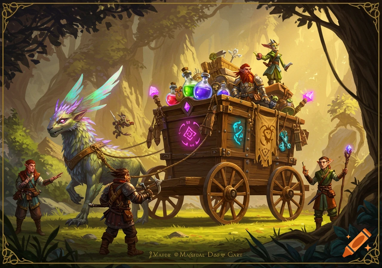 Fantasy illustration of a feathered creature pulling a magic cart with ...