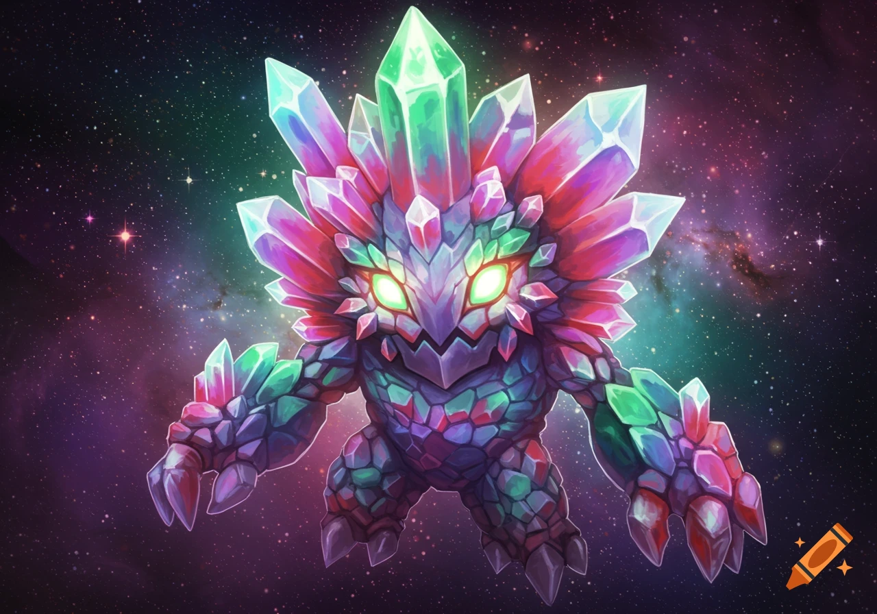 A vibrant, multi-colored crystal monster floats in space. on Craiyon
