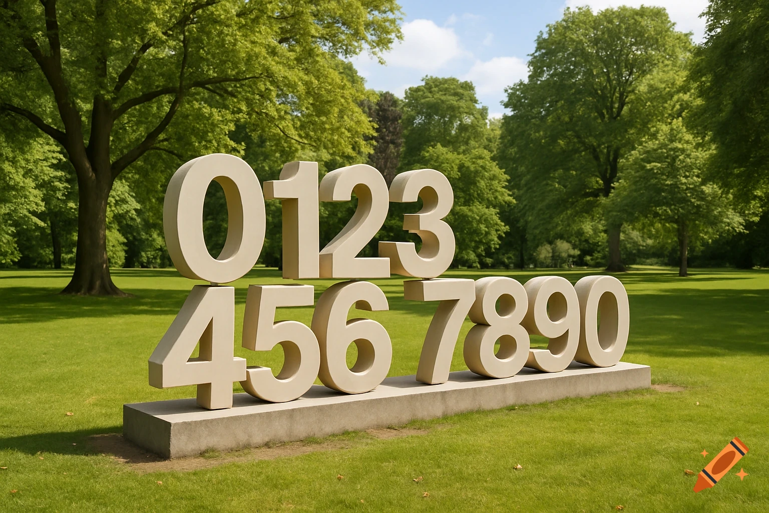 A sculpture of large numbers 0-9 in a grassy park. on Craiyon