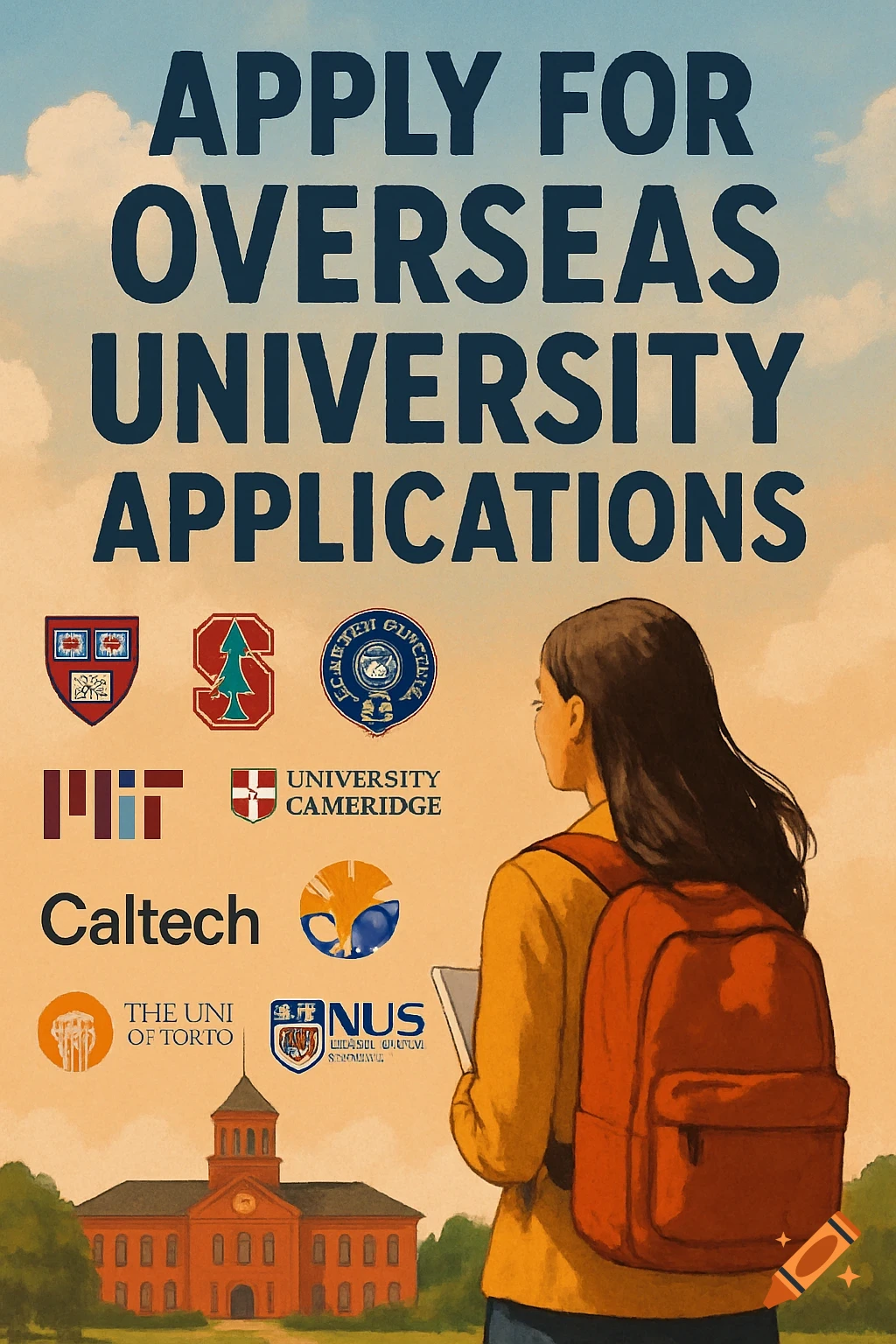 Illustration of student looking at university logos and text 'APPLY FOR ...