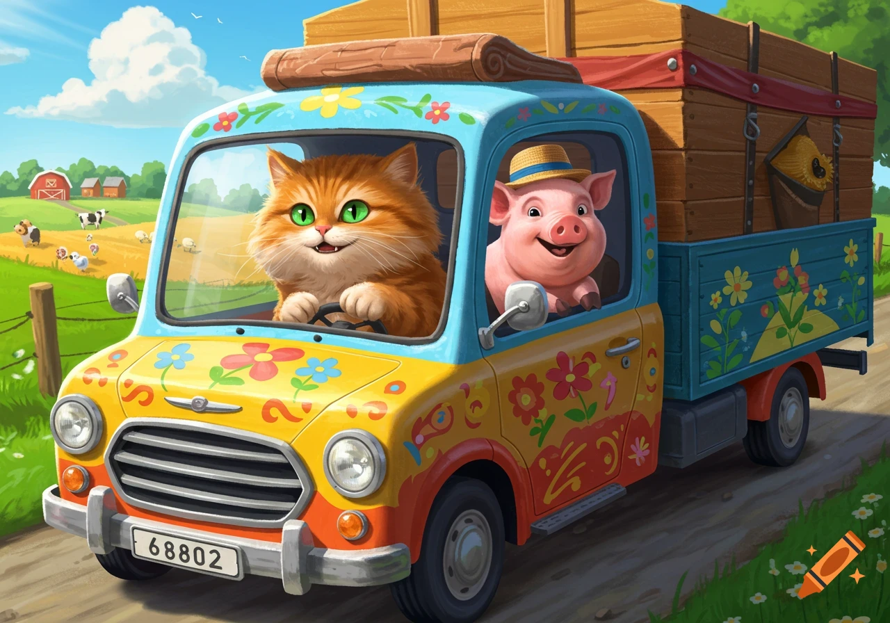 A cartoon cat and pig driving a colorful truck through the countryside ...