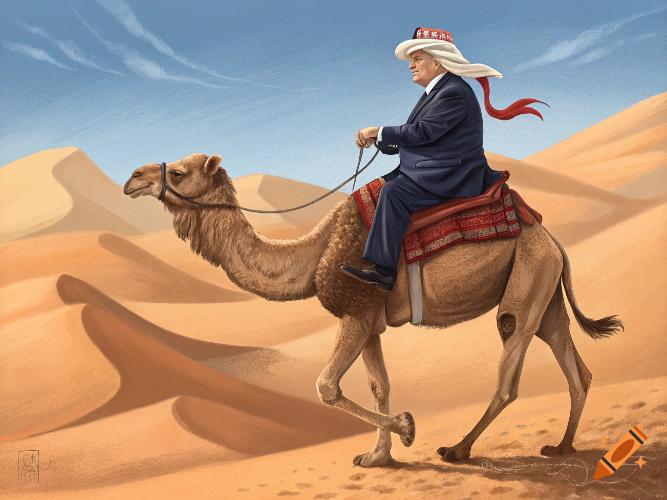 Illustration of Donald Trump riding a camel through a desert, wearing a ...