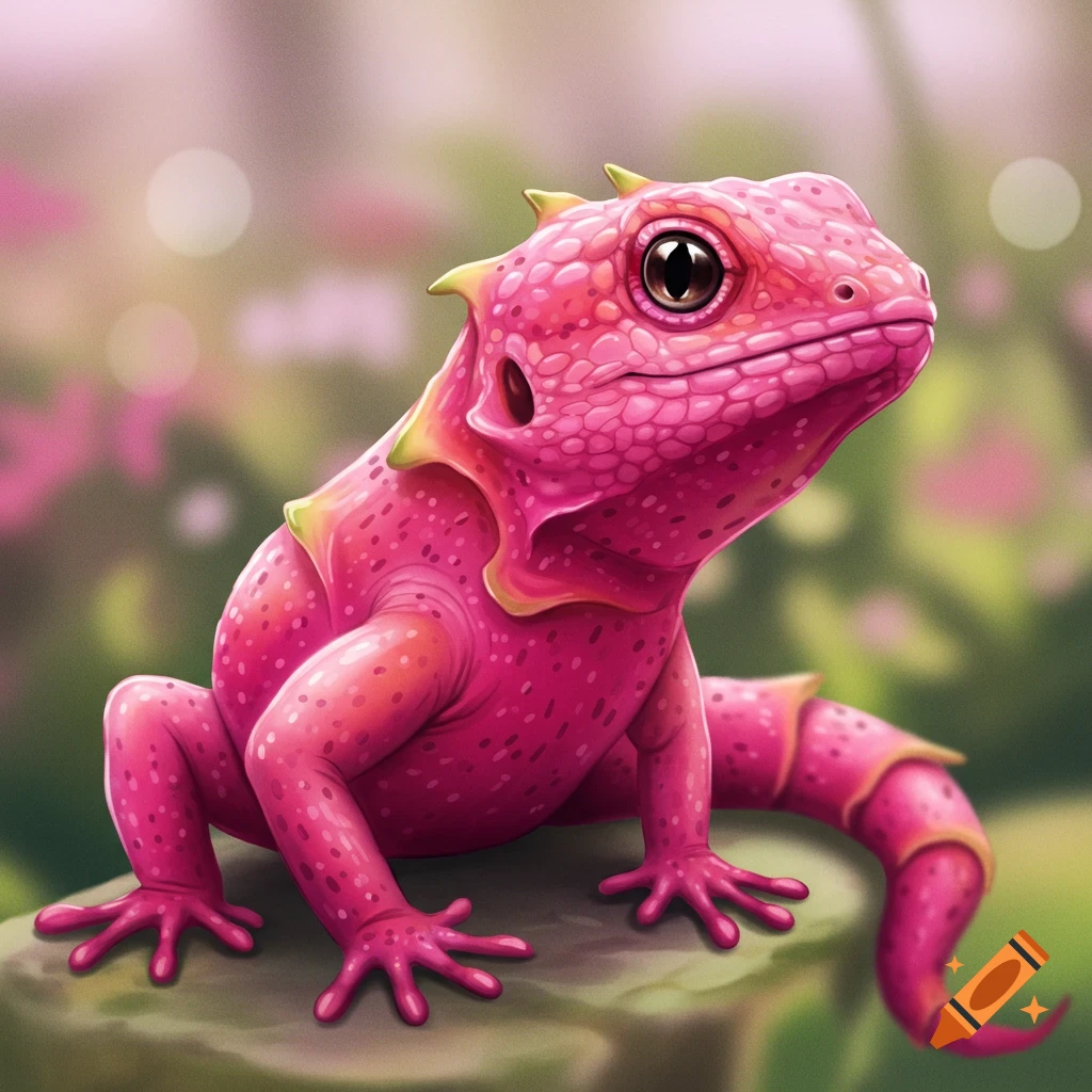 A pink fantasy lizard with bumpy skin like dragon fruit sits on a rock ...