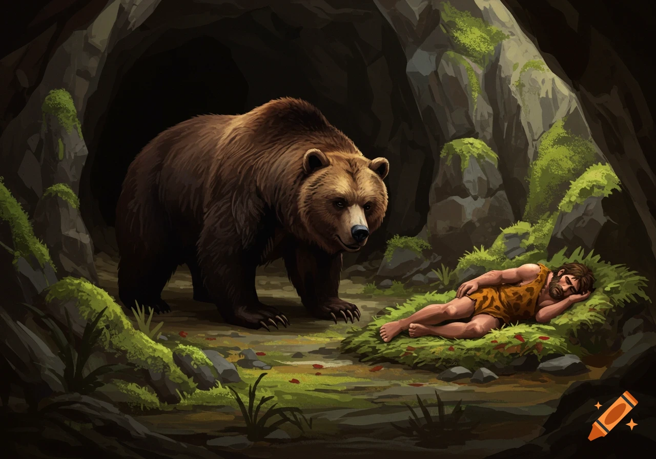 A large bear approaches a caveman sleeping on the ground inside a cave ...