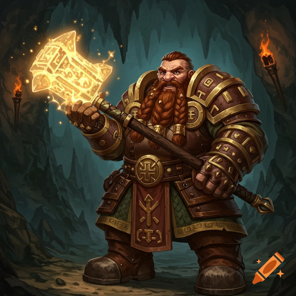 A fantasy illustration of a dwarf cleric in armor holding a glowing ...