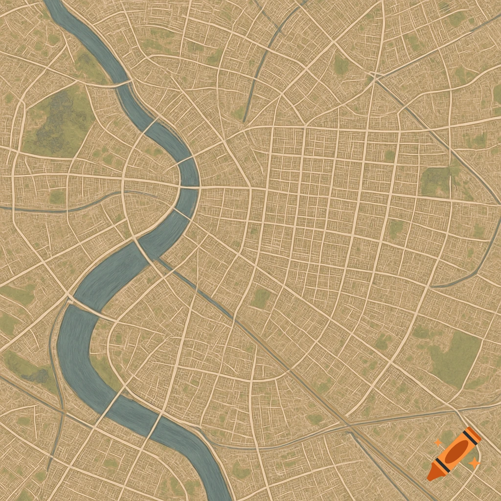 Overhead view of a detailed city map with a winding blue river and grid ...