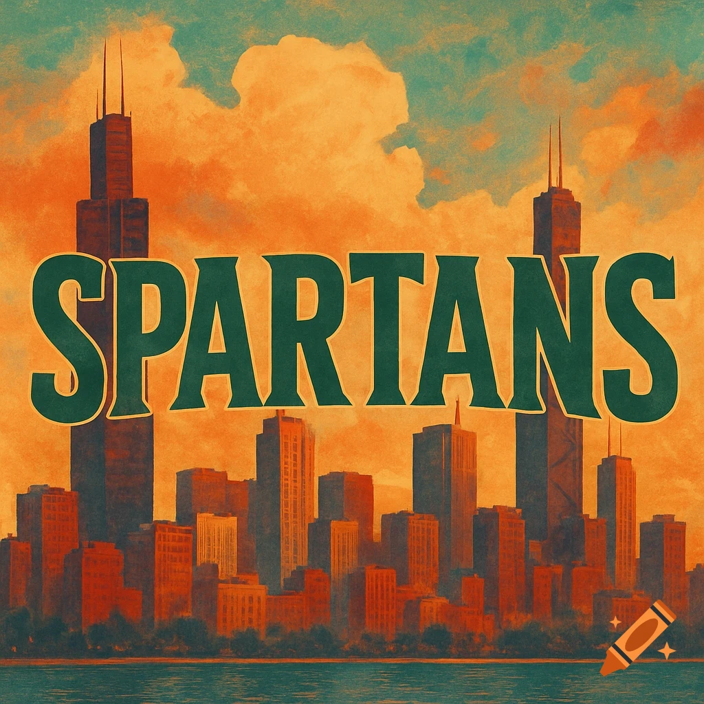 Retro poster of the word SPARTANS over a city skyline and water. on Craiyon
