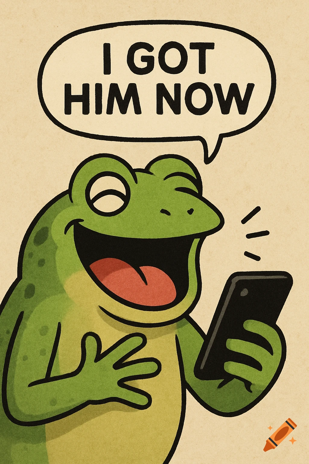 Cartoon frog laughing while looking at a phone with a speech bubble ...