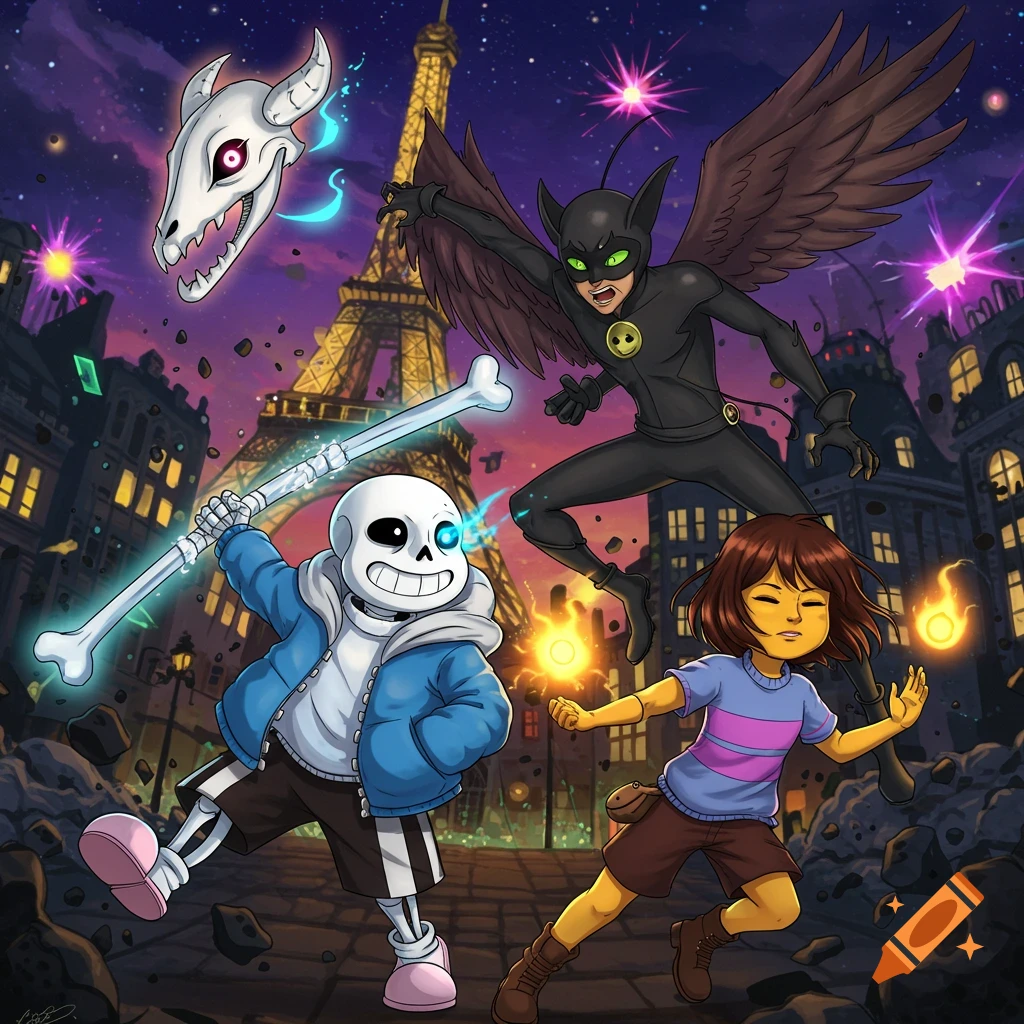 Sans and Frisk with a Gaster Blaster and Cat Noir in a dynamic pose in ...