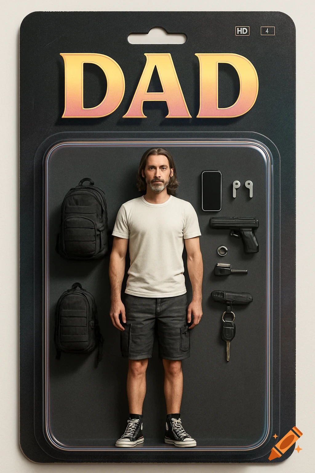 Action figure packaging for 'DAD', featuring a man with backpacks ...